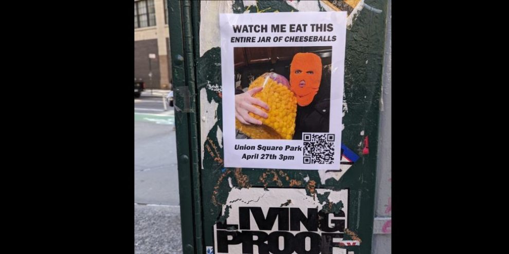 Masked NYC man eats giant jar of Cheeseballs as hundreds of people ...