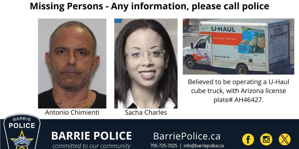 2 people reported missing, possibly driving U-Haul rental truck or van Barrie police